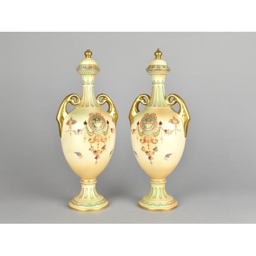 A Pair of Crown Devon Blush Ivory 'Erin' Twin Handled Vases and Covers ...