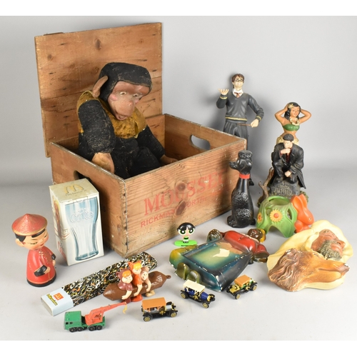 A Vintage Pine Crate Containing Various Vintage Items to Comprise Zippy Monkey, Mcdonalds Millennium