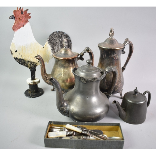 A Collection of Silver Plated Coffee Pots, Pewter Teapot and a Cockerel ...