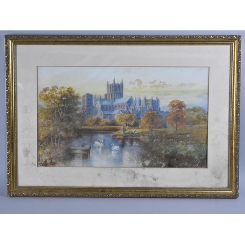 A Framed Watercolour Depicting Wells Cathedral with Swans and Figures ...