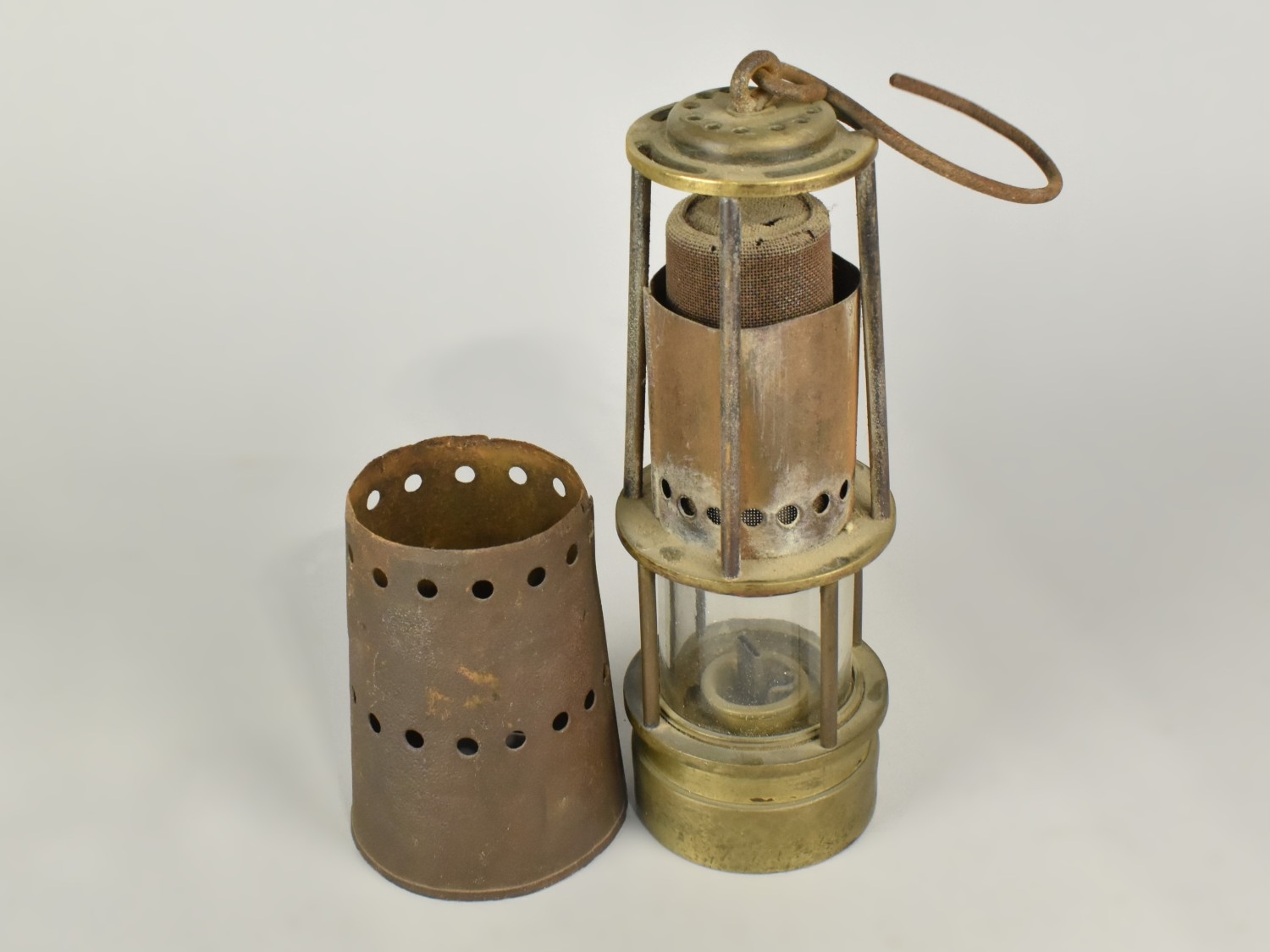 A Vintage Brass and Iron Miners Safety Lamp, 25cms High