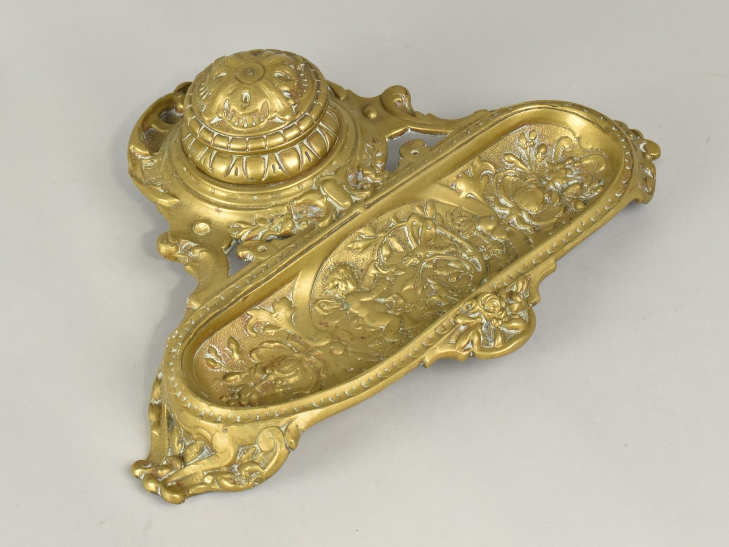 A Reproduction French Style Brass Desktop Combination Inkwell and Pen ...