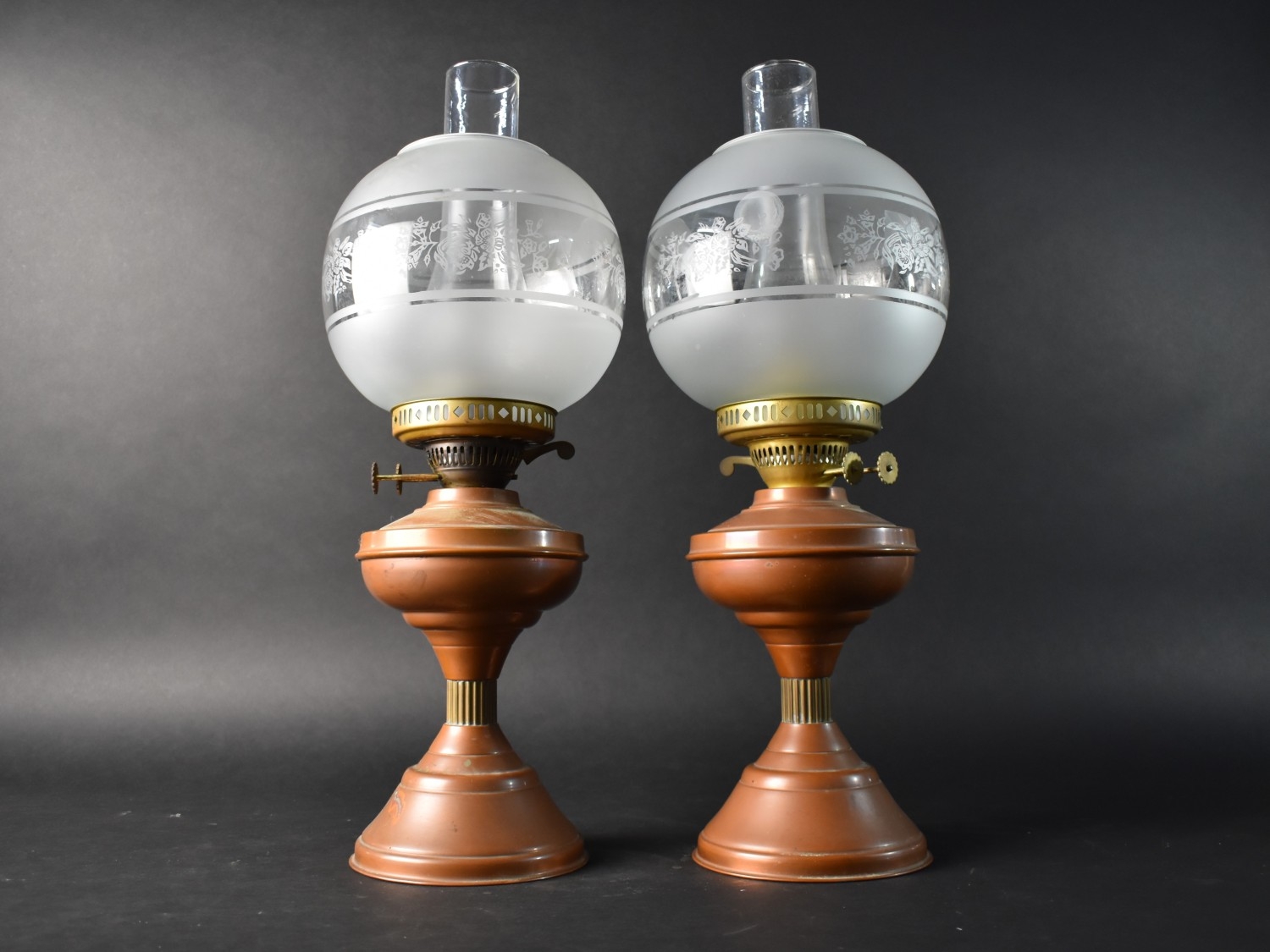 A Pair of 20th Century Copper Based Oil Lamps with Acid Etched Globe ...