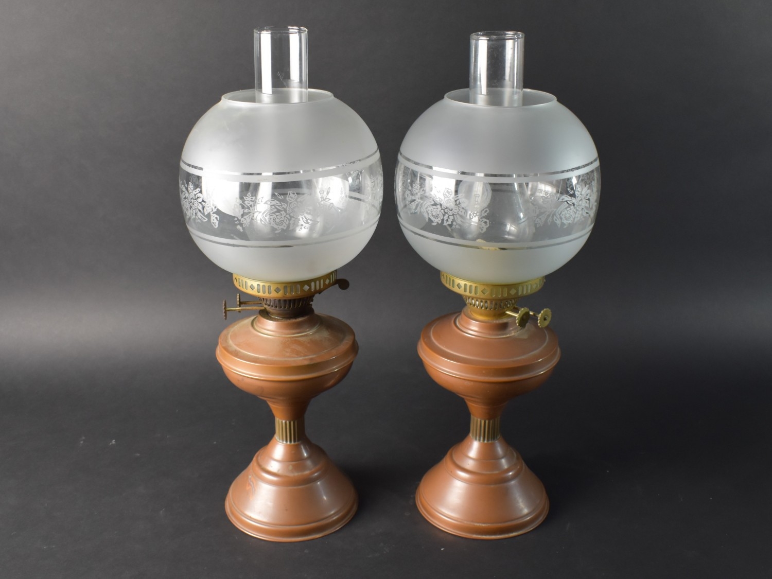 A Pair of 20th Century Copper Based Oil Lamps with Acid Etched Globe ...