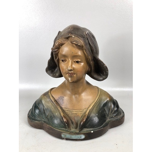 Antique French cast plaster bust of a woman in peasant attire, metal ...