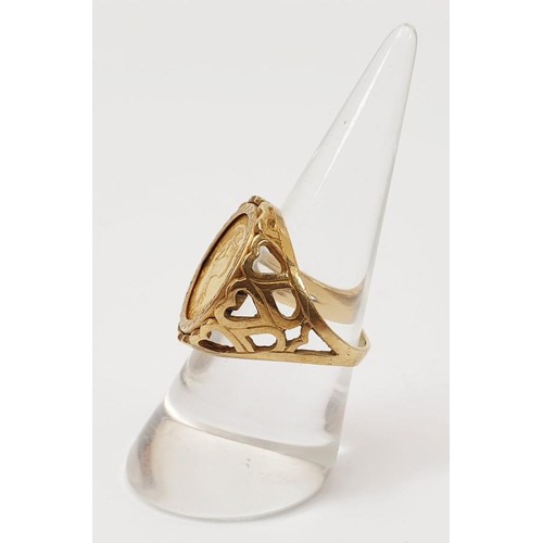 A hallmarked 9ct gold ring set with a 1/100oz Kruger Rand, 1985, gross ...