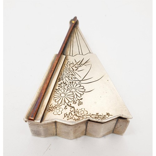 An antique Japanese silver fan shaped box, weight 71g, length 8cm. UK ...