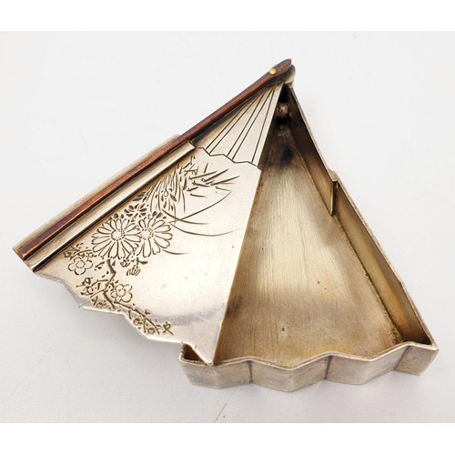 An antique Japanese silver fan shaped box, weight 71g, length 8cm. UK ...