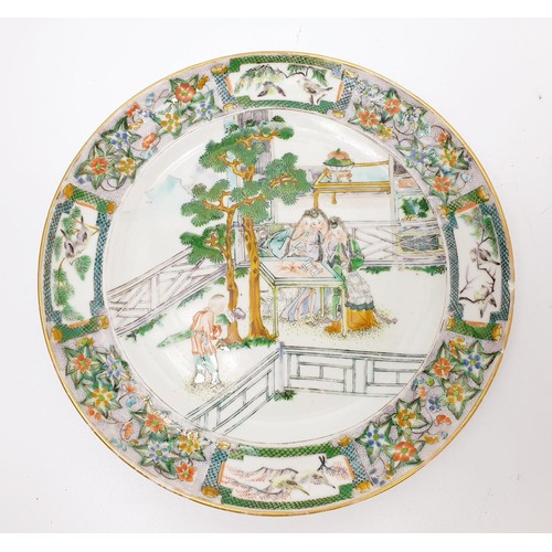 An antique Chinese Familie Vert plate decorated with ladies gaming at a ...