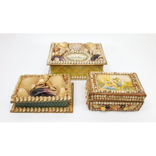 Three antique shellwork trinket boxes, the largest 17x12x7cm. No ...