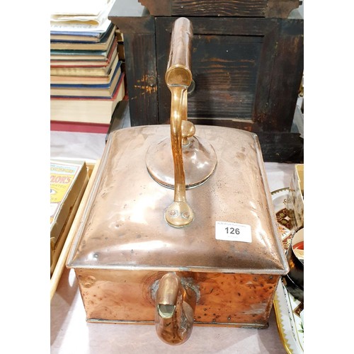 An antique copper kettle of rectangular form, height 29cm. UK shipping £14.