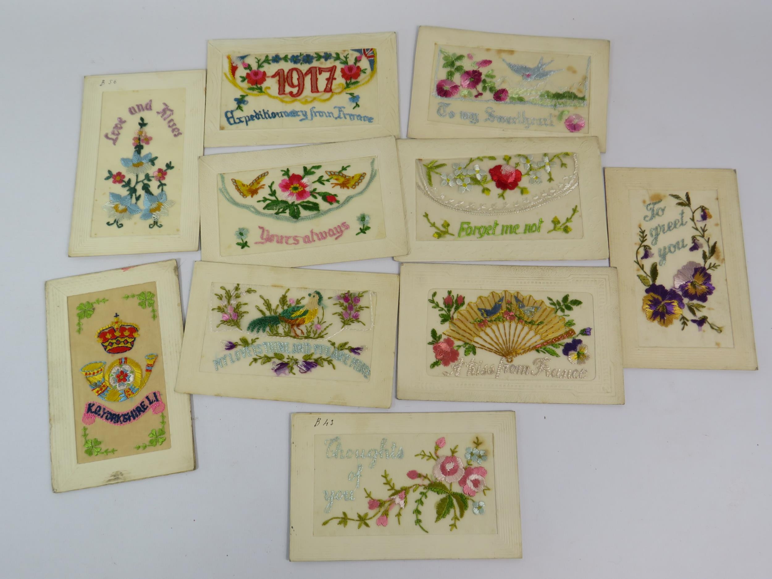 10 WW1 Embroidered silk postcards.