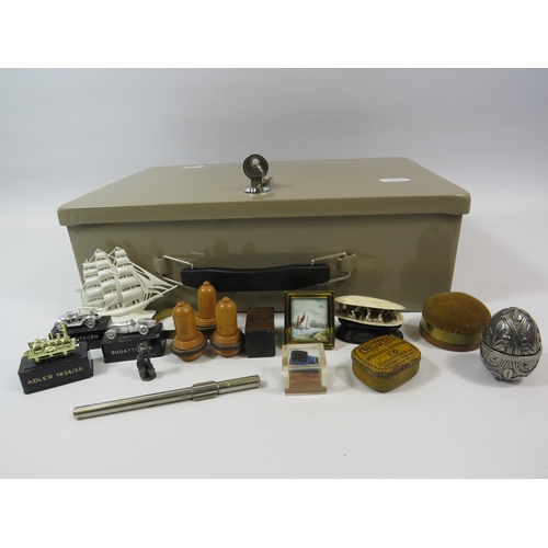 Metal cash box containing various interesting collectable items see pics.