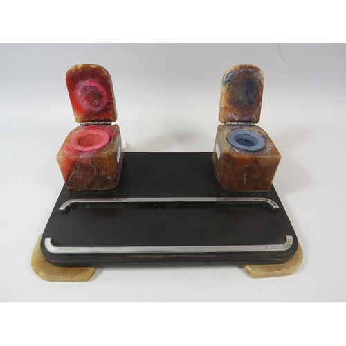 Art deco marble ink well desk tidy. 28cm long 18cm wide and 9cm tall.