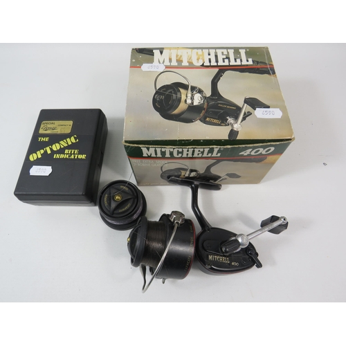 Mitchell 400 fishing reel and a bait indicator.