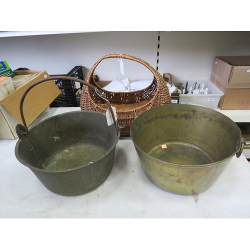 Two old jam pans and a wicker shopping basket. See photos.