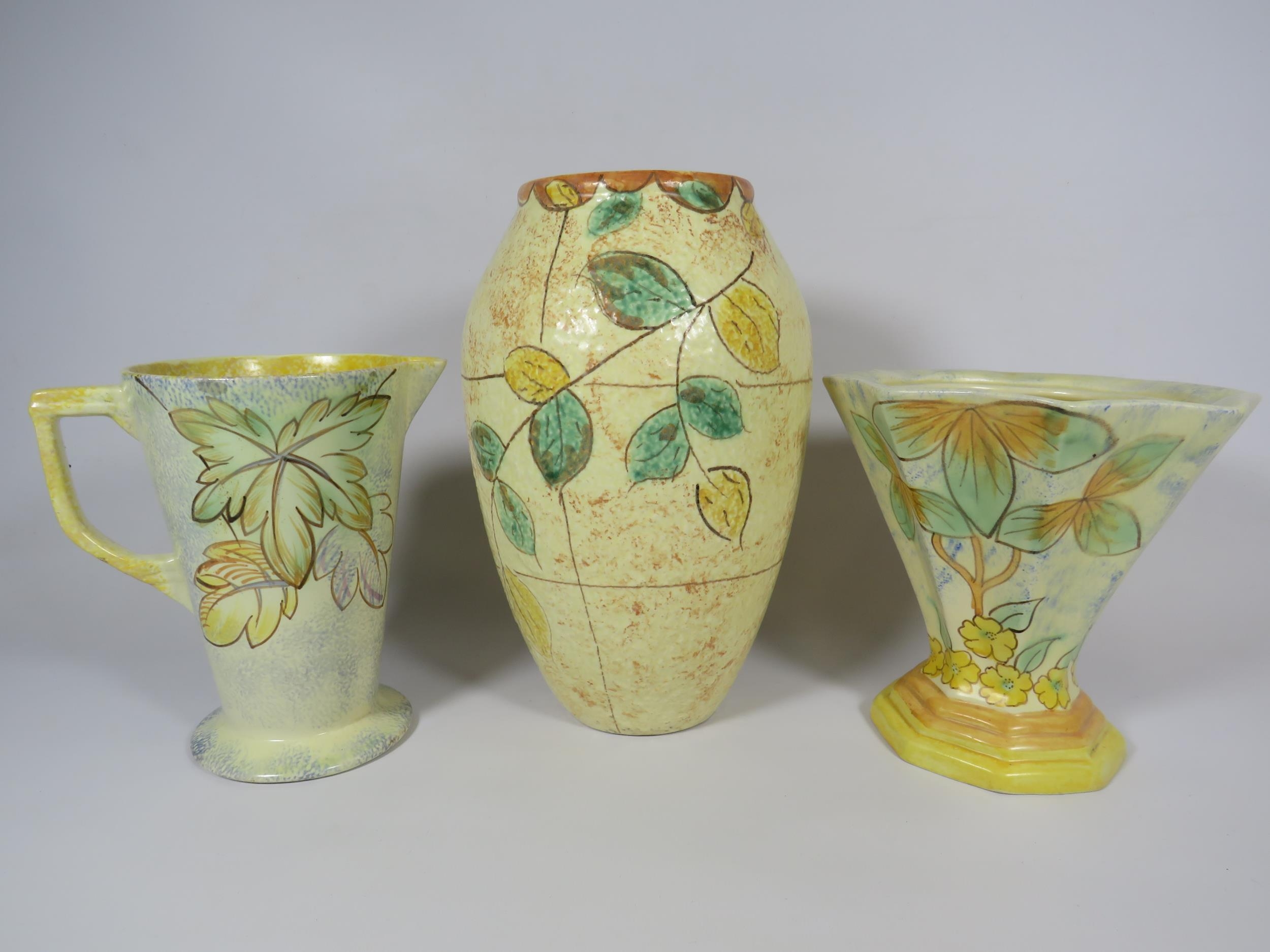 3 Art deco Kensington ware KPB pottery vases, the tallest measures 10 3 ...