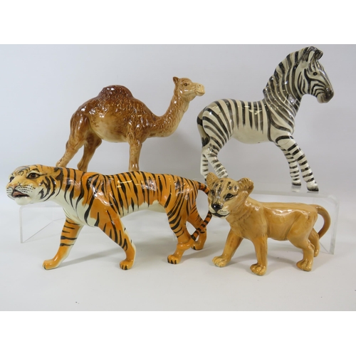 4 Beswick wild animals, Zebra, Camel, Lion and Tiger figurines all have ...