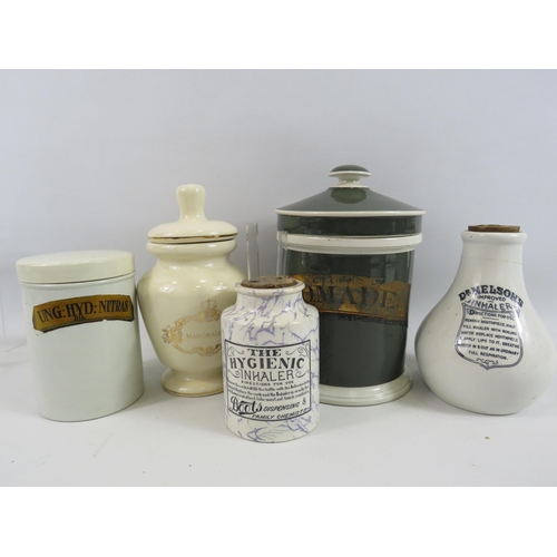 2 Vintage ceramic inhalers and 3 vintage apothecary jars.
