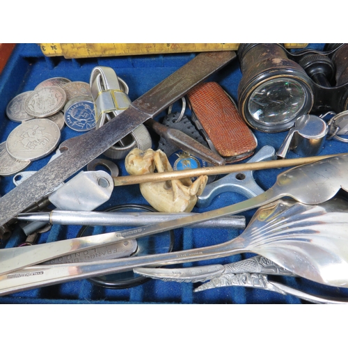 Box of assorted Treasures to include Coins, Binoculars, letter opener ...