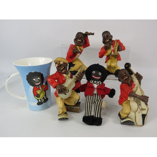 Four Jazz band figurines plus a Robertson jam teddy and cup.