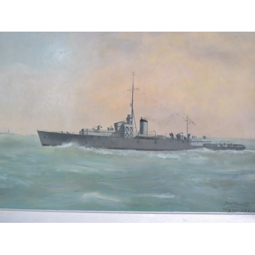 Naval painting of the HMS Usk, by Dave Prescott H18" W23". See photos.
