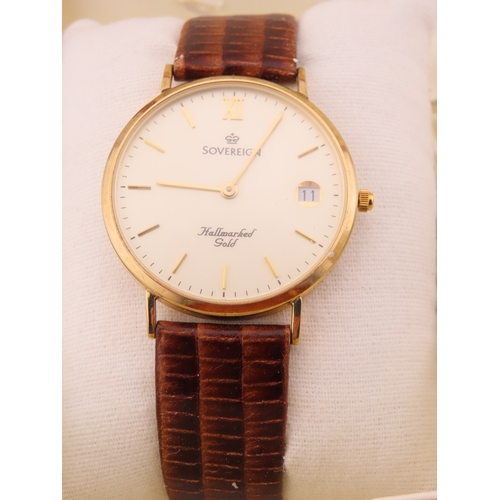 9ct Gold Gents Sovereign Quartz wristwatch . With box but requires a ...
