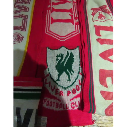 Collection of six vintage Liverpool FC scarves, various designs and eras
