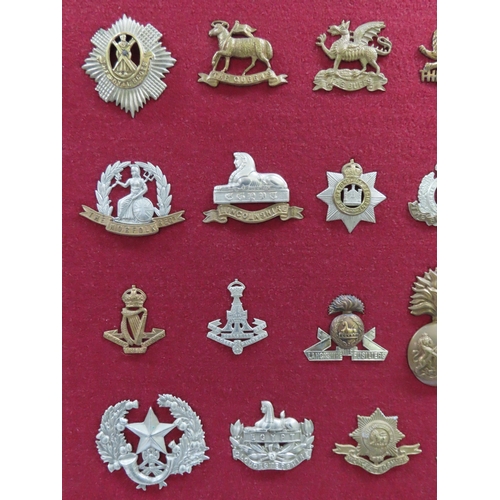 Large selection of military cap badges mounted on board including ...