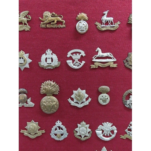 Large selection of military cap badges mounted on board including ...