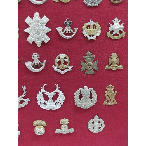 Large selection of military cap badges mounted on board including ...