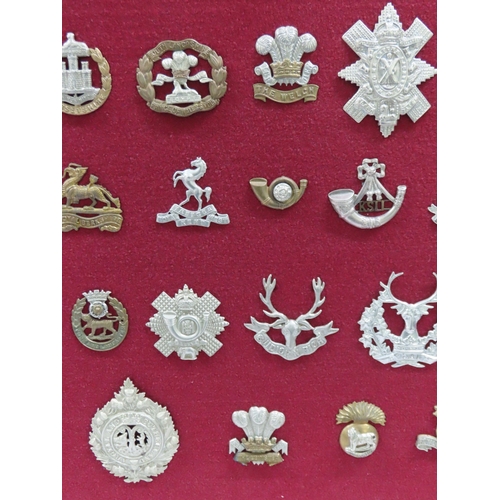 Large selection of military cap badges mounted on board including ...