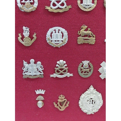 Large selection of military cap badges mounted on board including ...