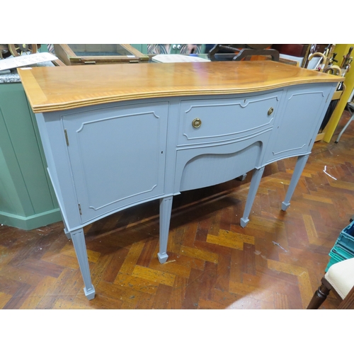 Serpentine-fronted sideboard painted blue-grey with wood top and brass ...