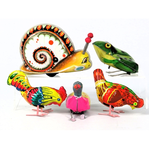 Five Tinplate Wind-Up Toys - Snail / Frog / Three Pecking Birds ...