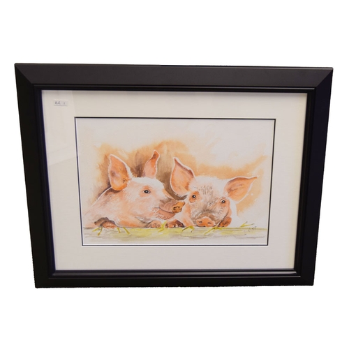 A Framed Watercolour 'Playful Piglets' - Lorraine Kidd