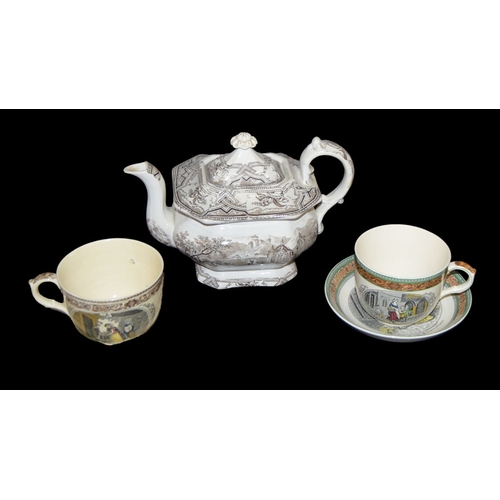 Two Large Adams Cups and Saucers and an Old Teapot