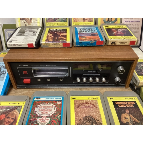 Sharp Solid State Stereo 8 Track Tape Player Recorder in Wooden Case with Collection of 8 Track Cass