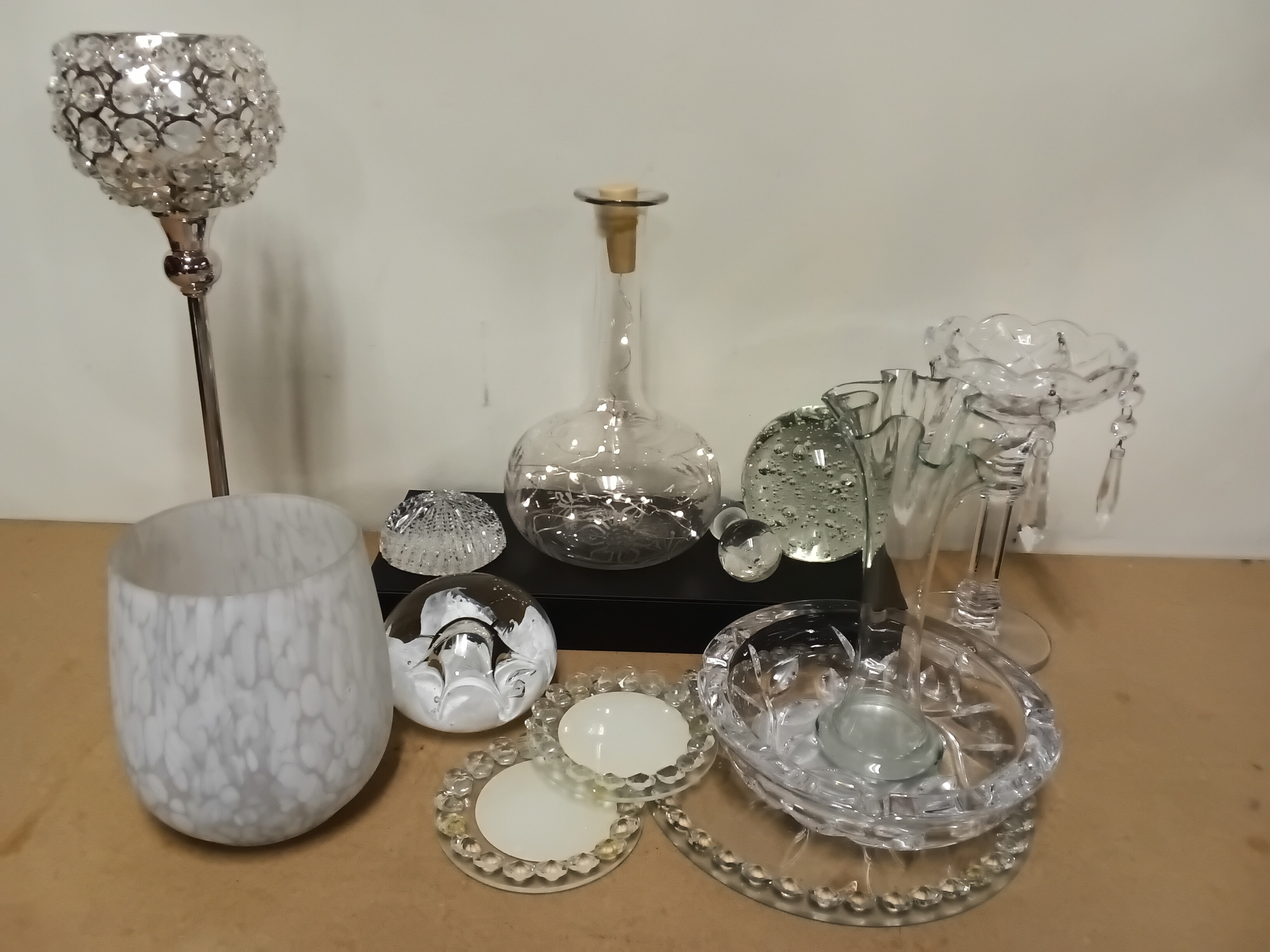 Mixed collection of Glass paper weights, vases & candle holders