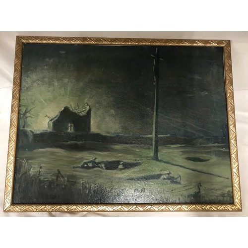 Oil painting on board signed D Newmarch. WW1 night time battle field ...