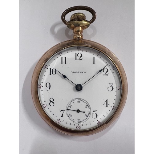 A 1908 Art Nouveau gold plated Waltham pocket watch. 5.5cm. Screw back ...