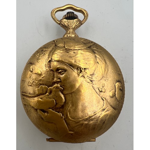 A Hebdomas 8 day gold plated pocket watch with a lady and dove to front ...
