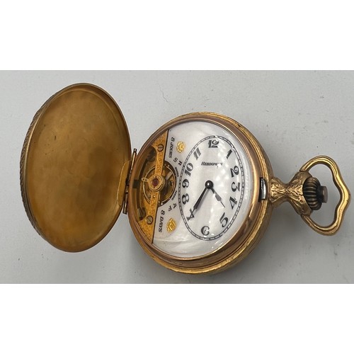 A Hebdomas 8 day gold plated pocket watch with a lady and dove to front ...