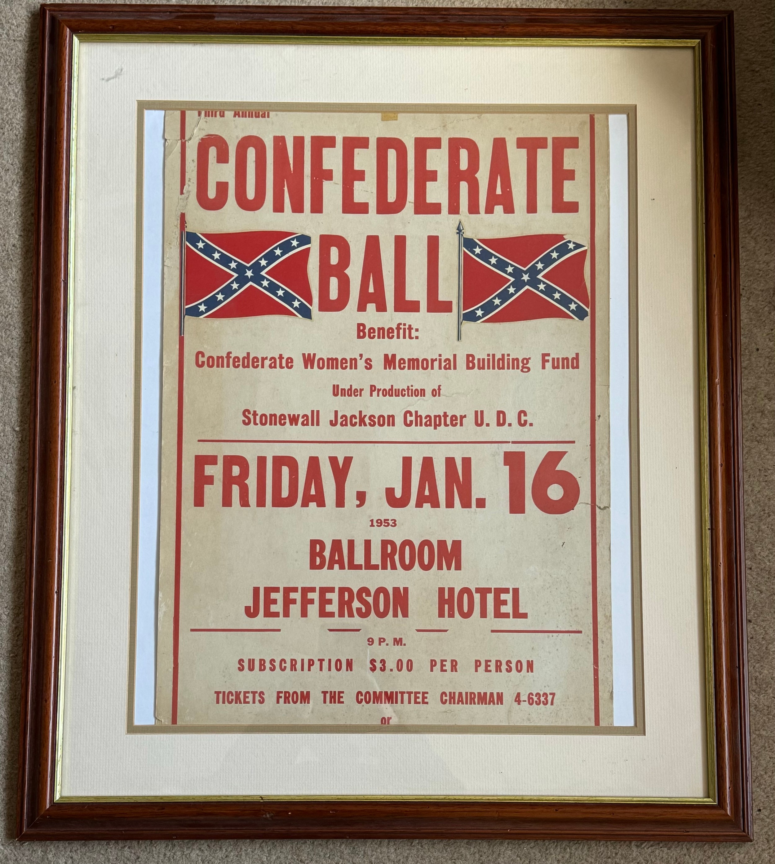 A framed original poster advertising a Confederate Ball on 16th January ...