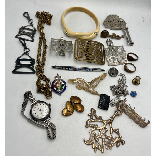 A miscellany to include French silver and enamel pin, Whitby jet ...
