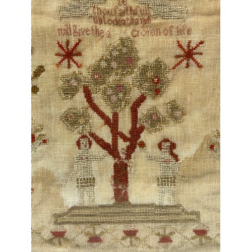 A Victorian needlework sampler, pictorial with religious verse, by ...