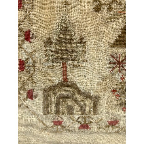 A Victorian needlework sampler, pictorial with religious verse, by ...