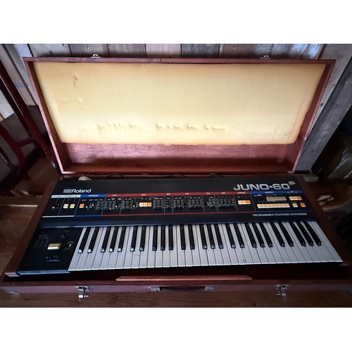 A Roland Juno-60 programmable polyphonic synthesizer keyboard in case.