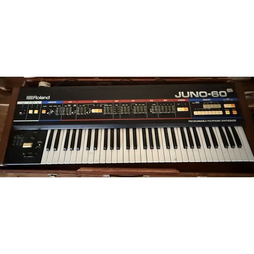 A Roland Juno-60 programmable polyphonic synthesizer keyboard in case.