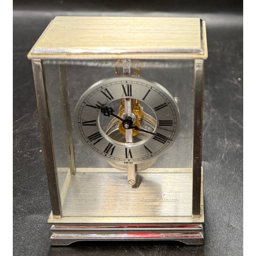 Jaeger LeCoultre skeleton carriage clock with travel case. 10.5cm x 7cm.